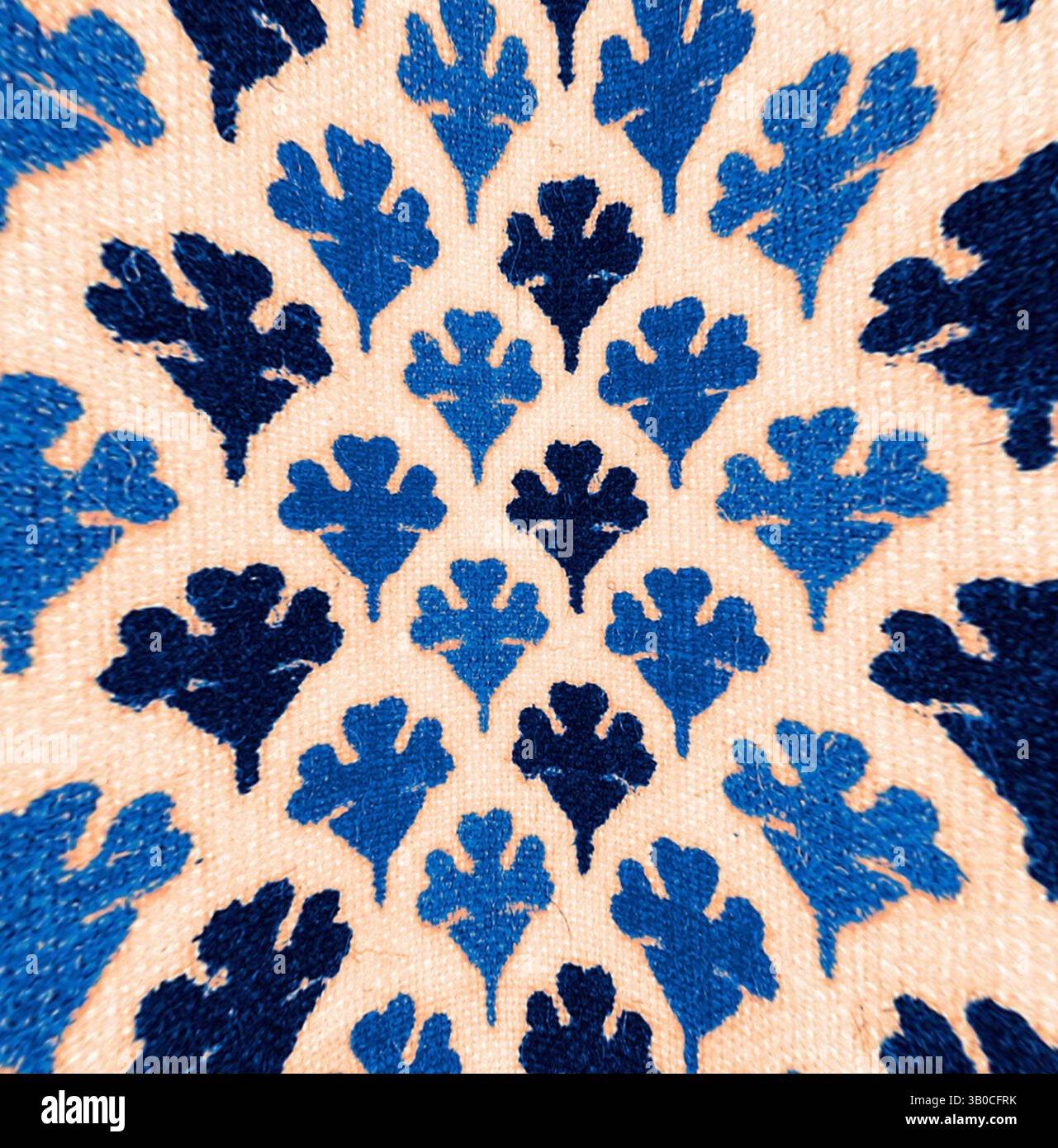 A vibrant pattern featuring intricate blue leaf motifs arranged in a ...