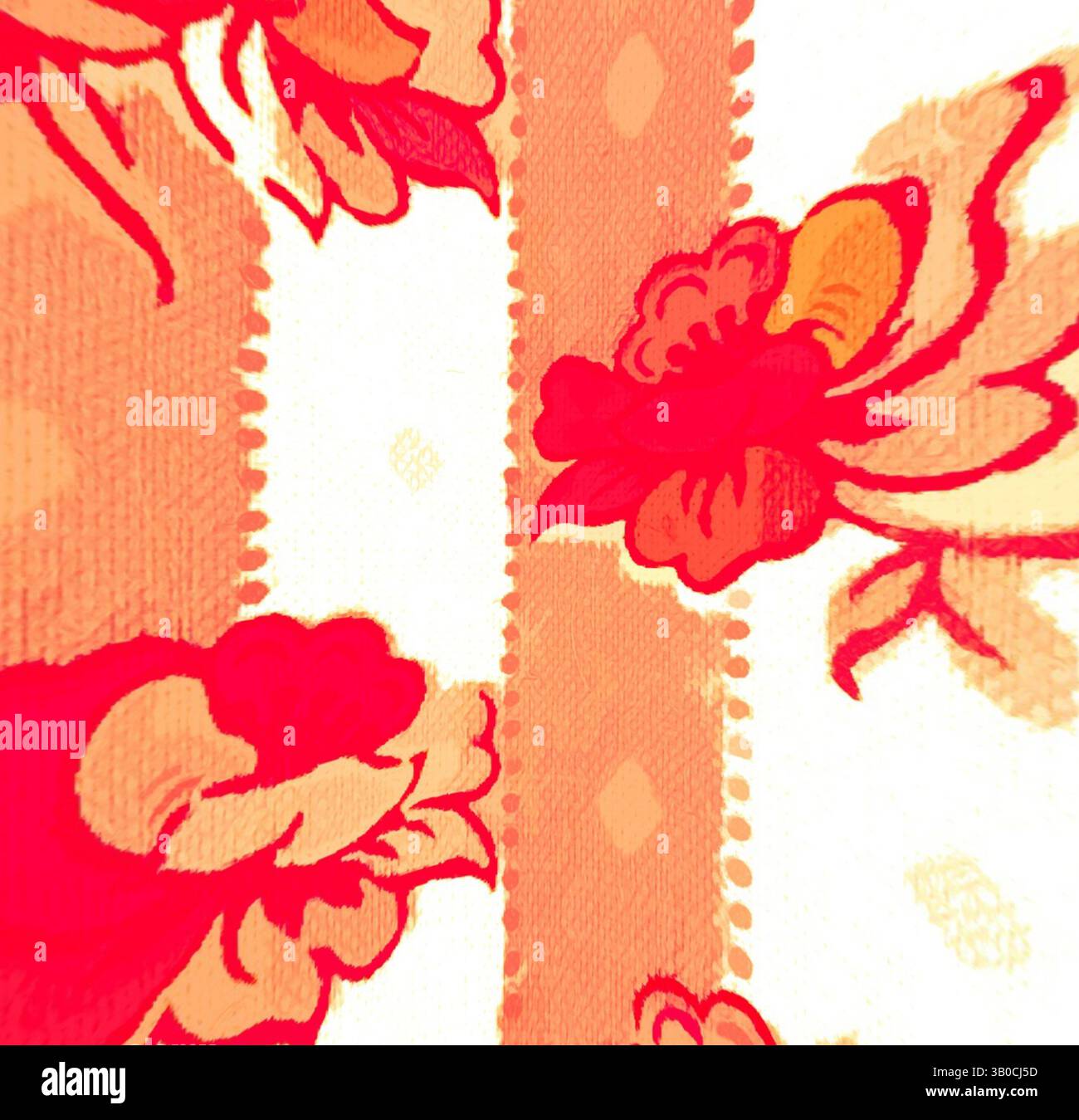 A vibrant floral pattern featuring bold red flowers against a soft ...