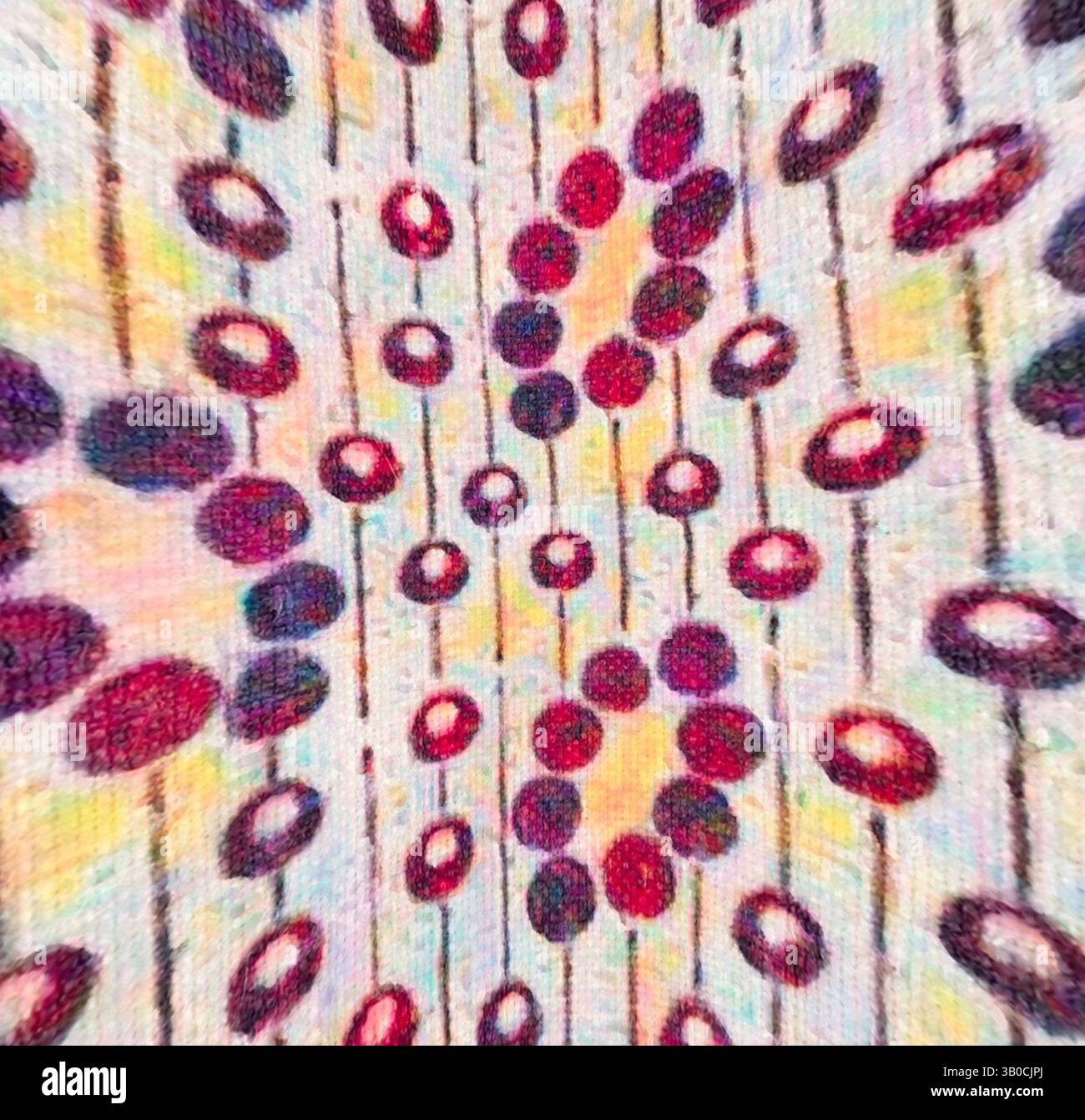 A vibrant abstract pattern featuring clustered circles in shades of red ...