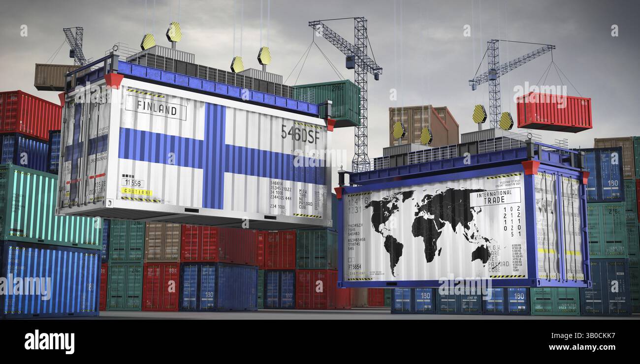 Flags of Finland and world map on cargo containers - international ...