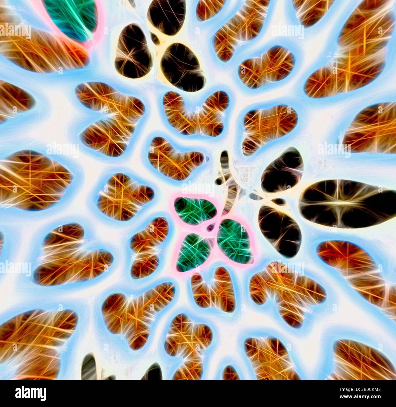 An intricate network of organic shapes, interwoven with vibrant colors and textures, creating a ...