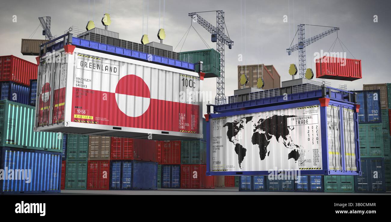 Flags of Greenland and world map on cargo containers - international ...