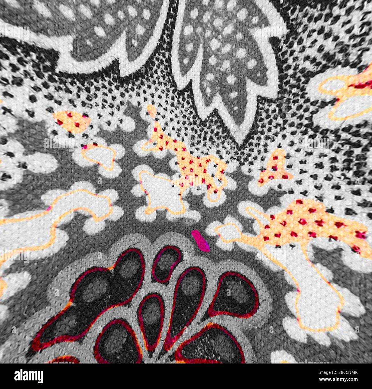 A vibrant fabric design featuring intricate patterns with bold shapes ...