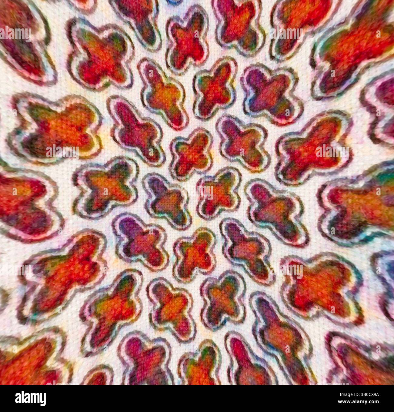 A vibrant pattern of interlocking butterfly shapes radiates outward ...