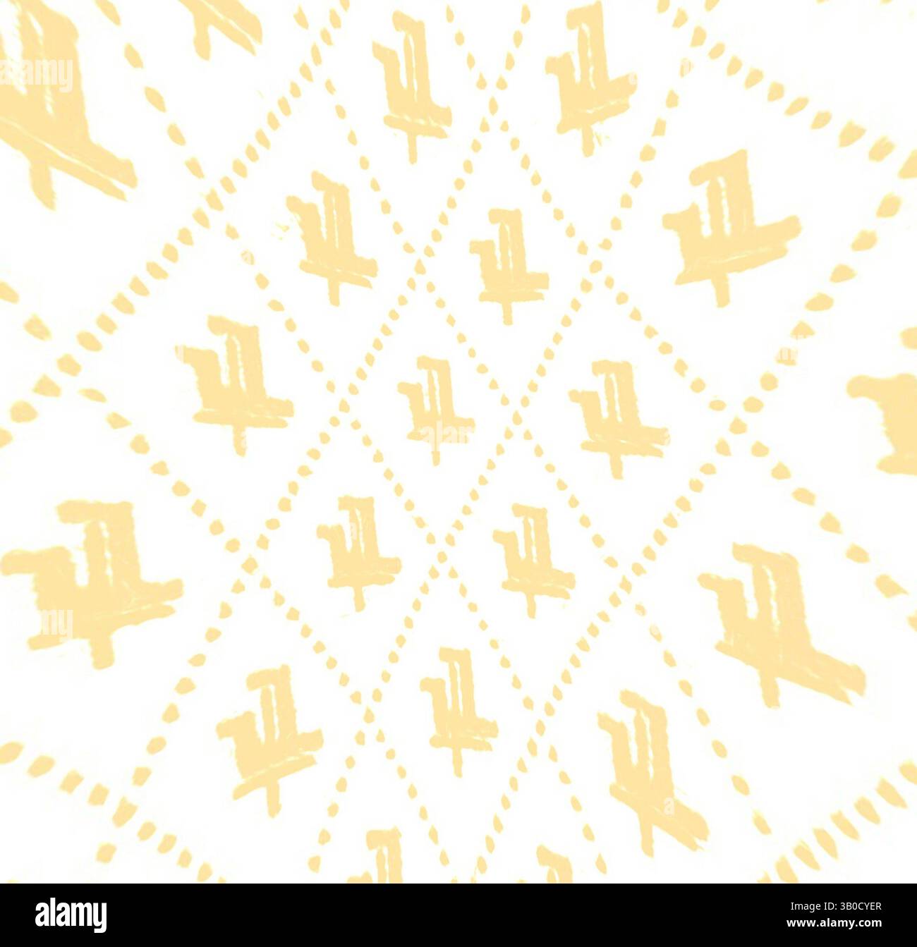 A repetitive pattern of yellow diamond shapes with abstract symbols ...