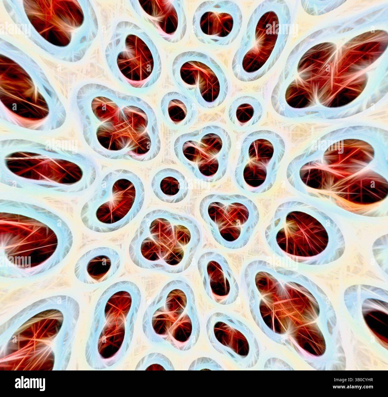 An abstract composition featuring a network of interwoven shapes ...