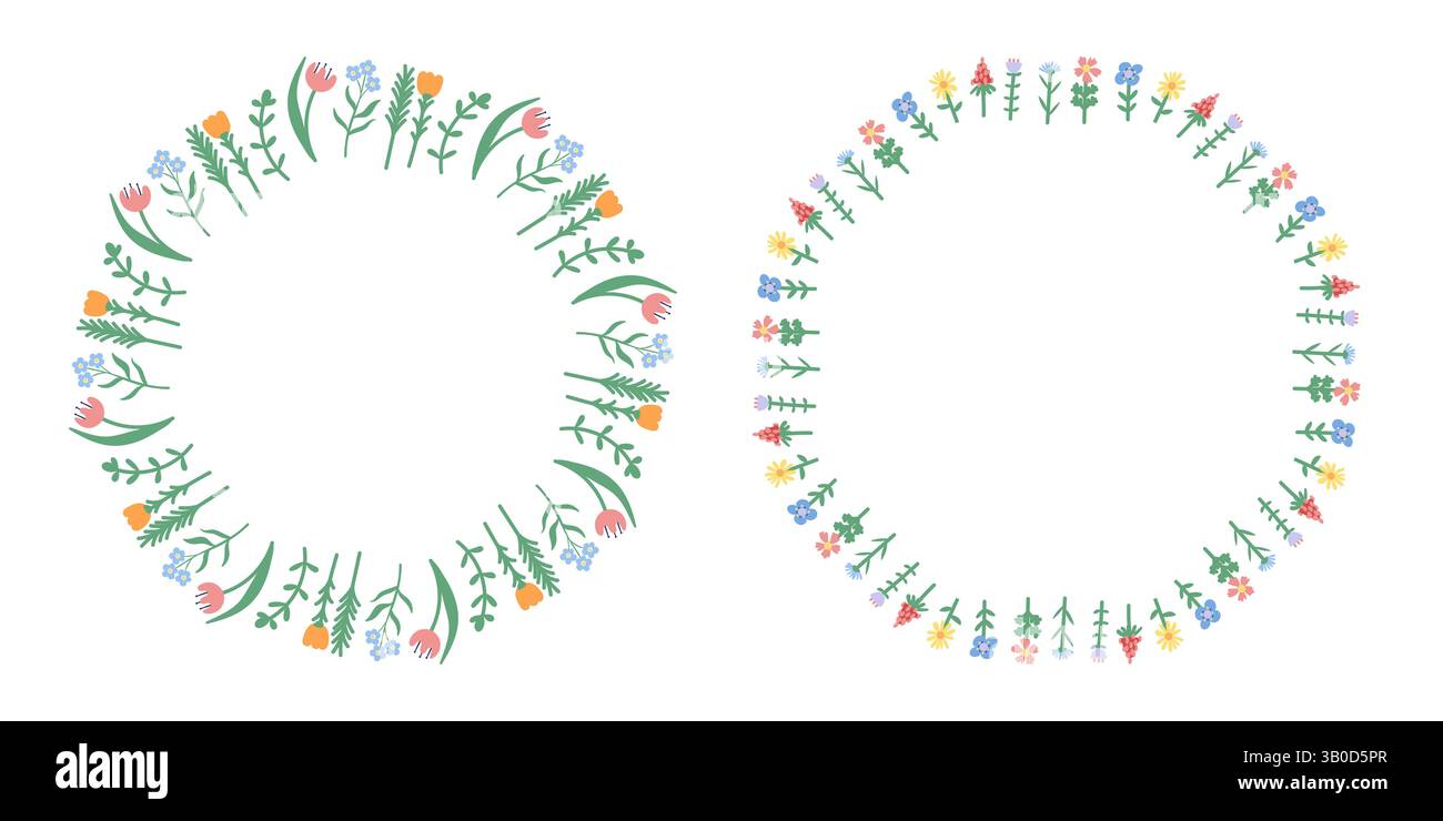 Floral cute round frame set. Tiny simple flowers Stock Vector Image ...