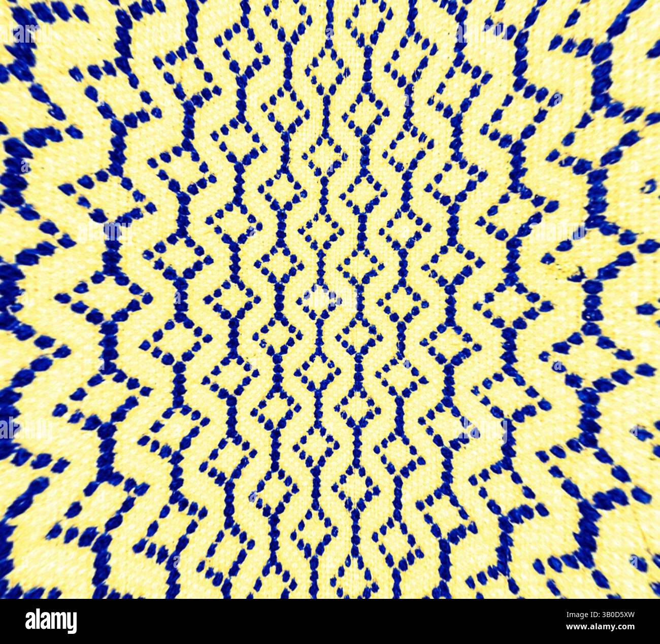 A vibrant textile pattern featuring intricate zigzag designs in yellow and deep blue, creating ...