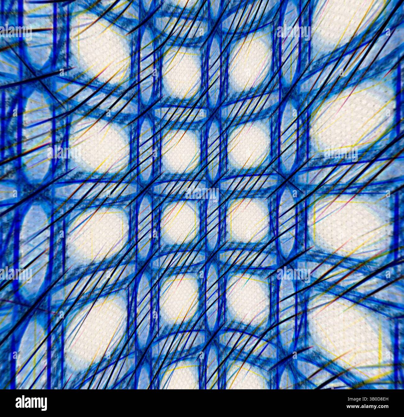 An intricate pattern features a series of intersecting blue lines creating a grid-like design ...