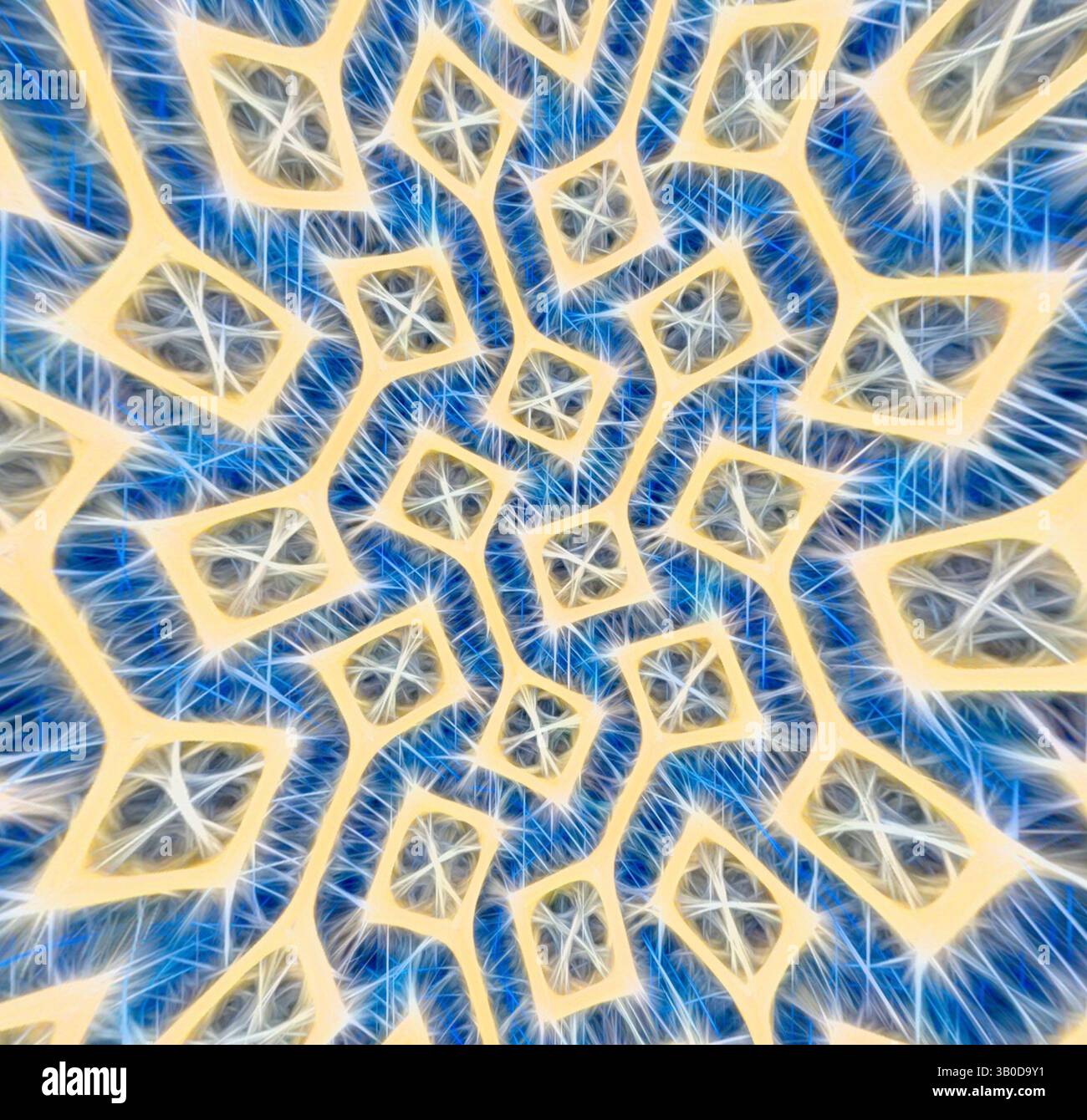 An abstract pattern featuring swirling geometric shapes in vibrant blue ...
