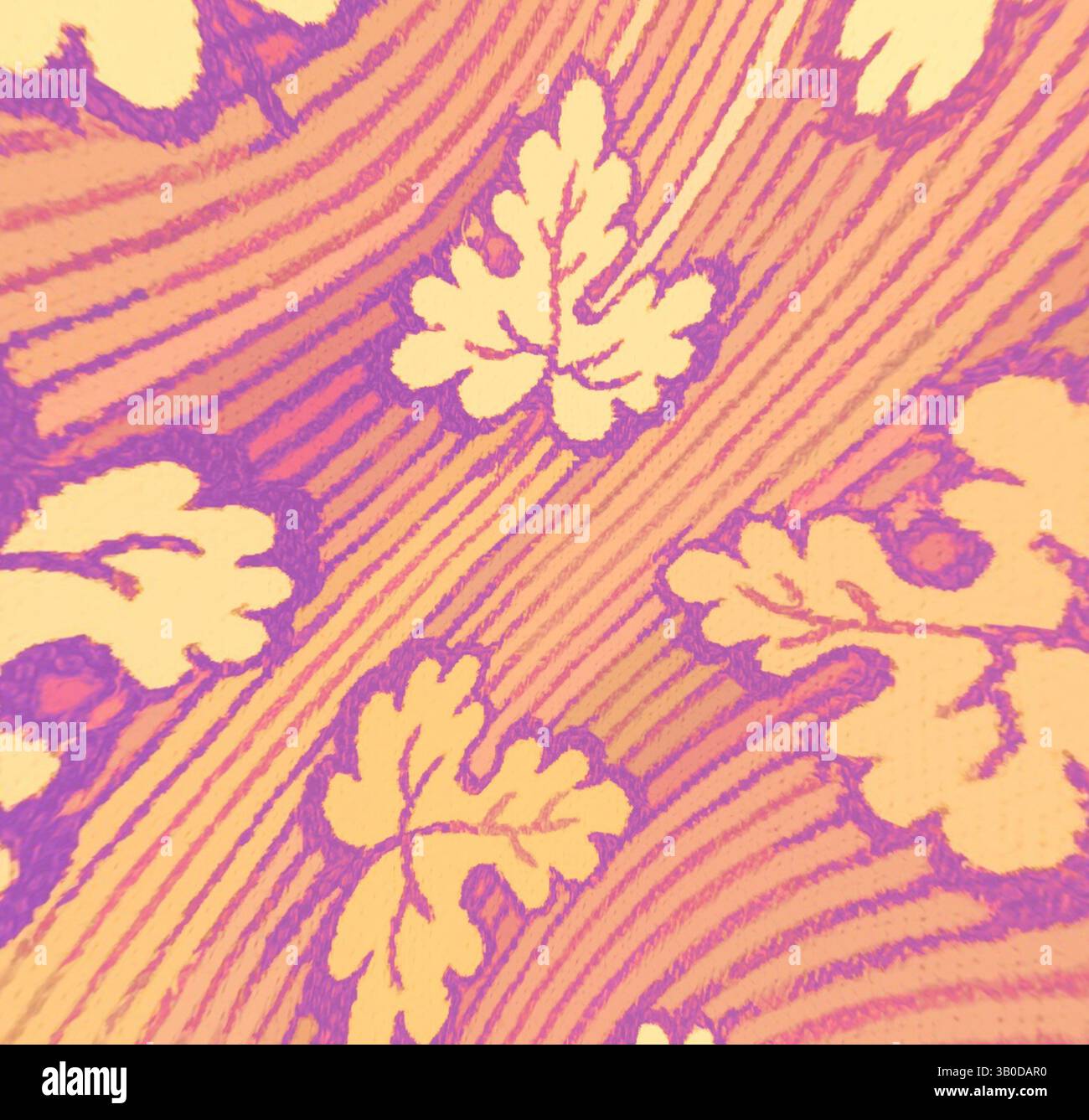 A whimsical pattern featuring bold, stylized oak leaves on a vibrant ...