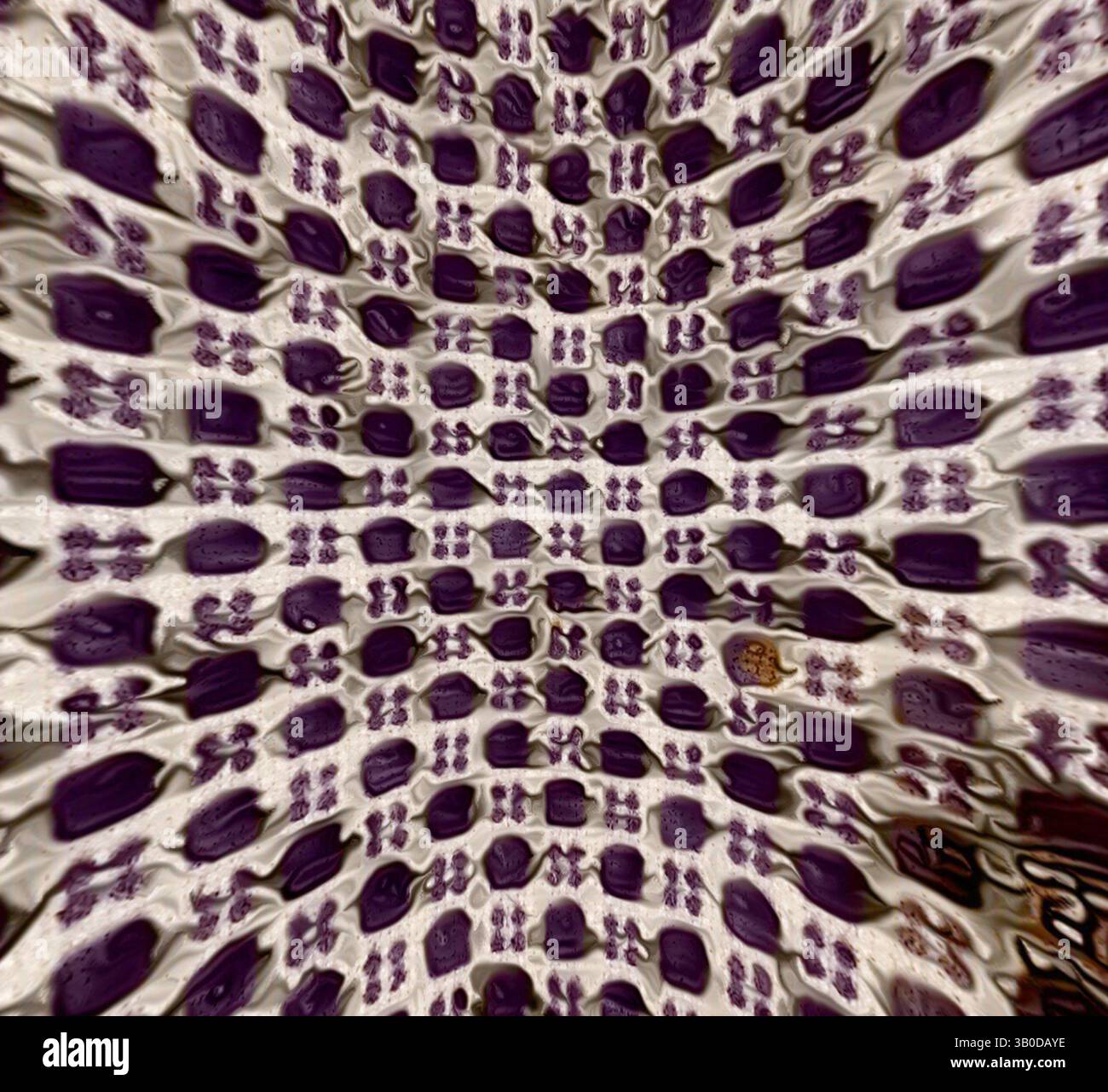 A textured pattern featuring repetitive purple designs against a ...