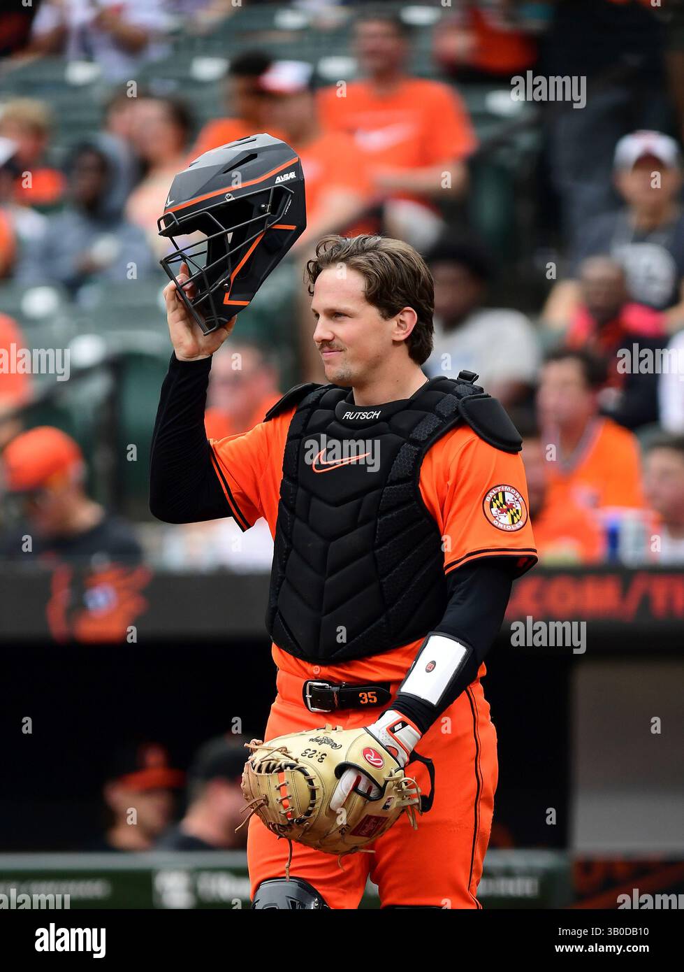 BALTIMORE, MD - APRIL 19: Orioles catcher Adley Rutschman (35) puts his ...
