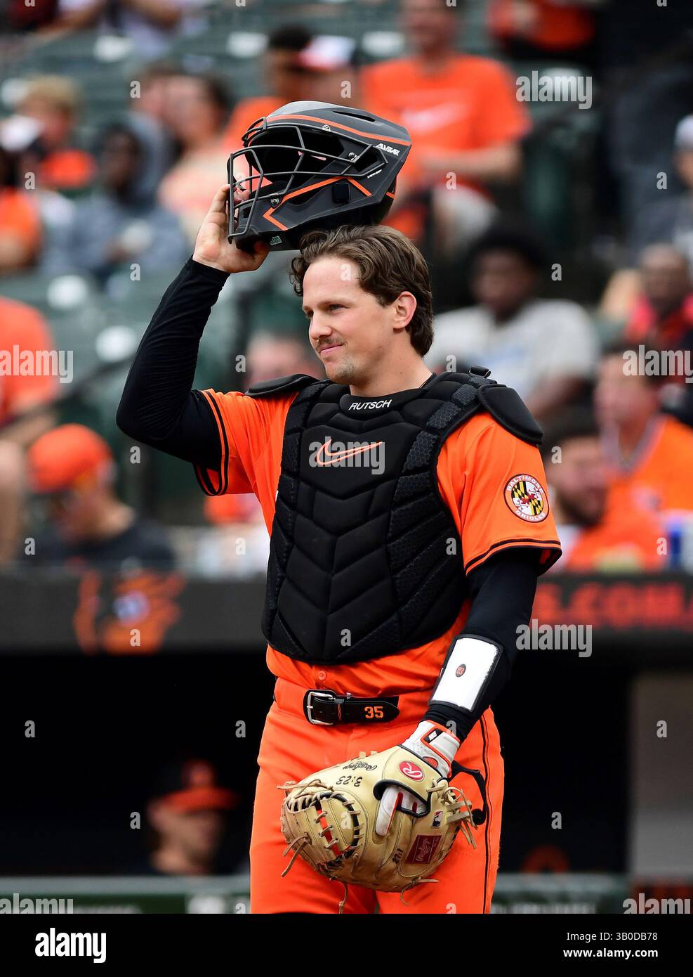 BALTIMORE, MD - APRIL 19: Orioles catcher Adley Rutschman (35) puts his ...