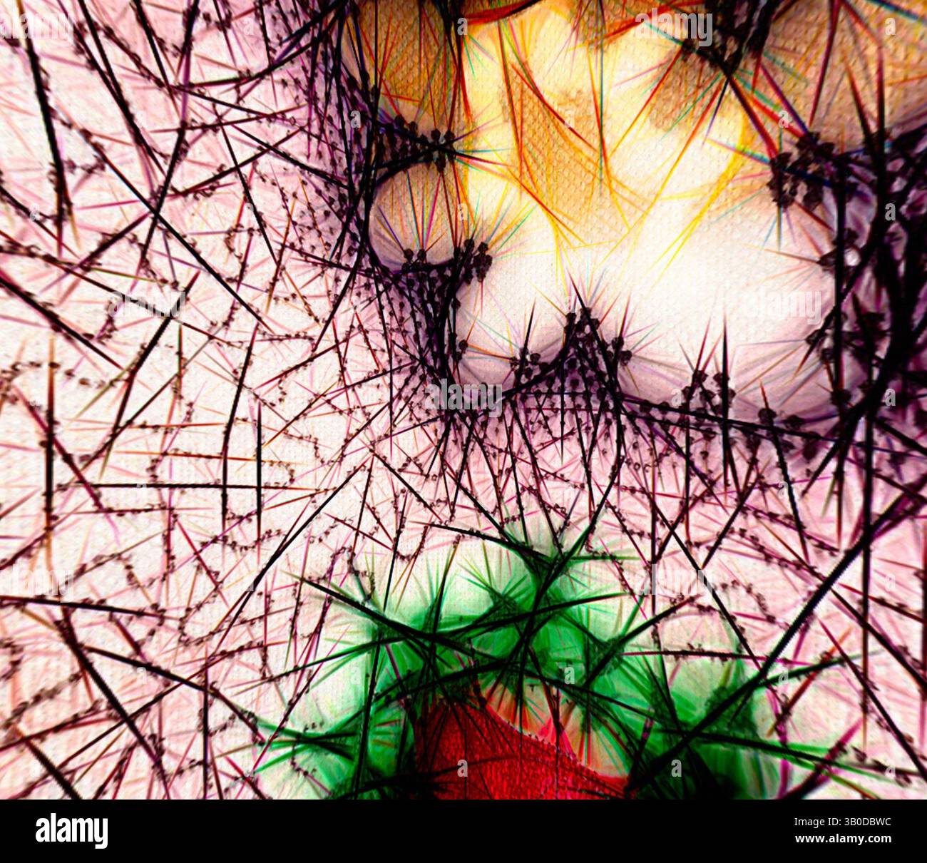 An abstract composition featuring intricate spiky patterns and vibrant ...