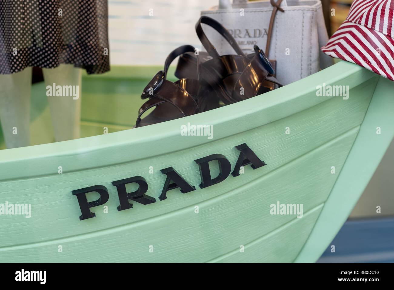 Venice, Italy - April 20 2025: Prada window display with summer fashion ...