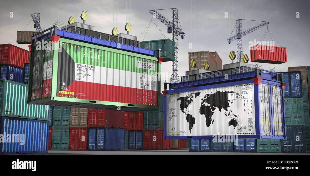 Flags of Kuwait and world map on cargo containers - international trade ...