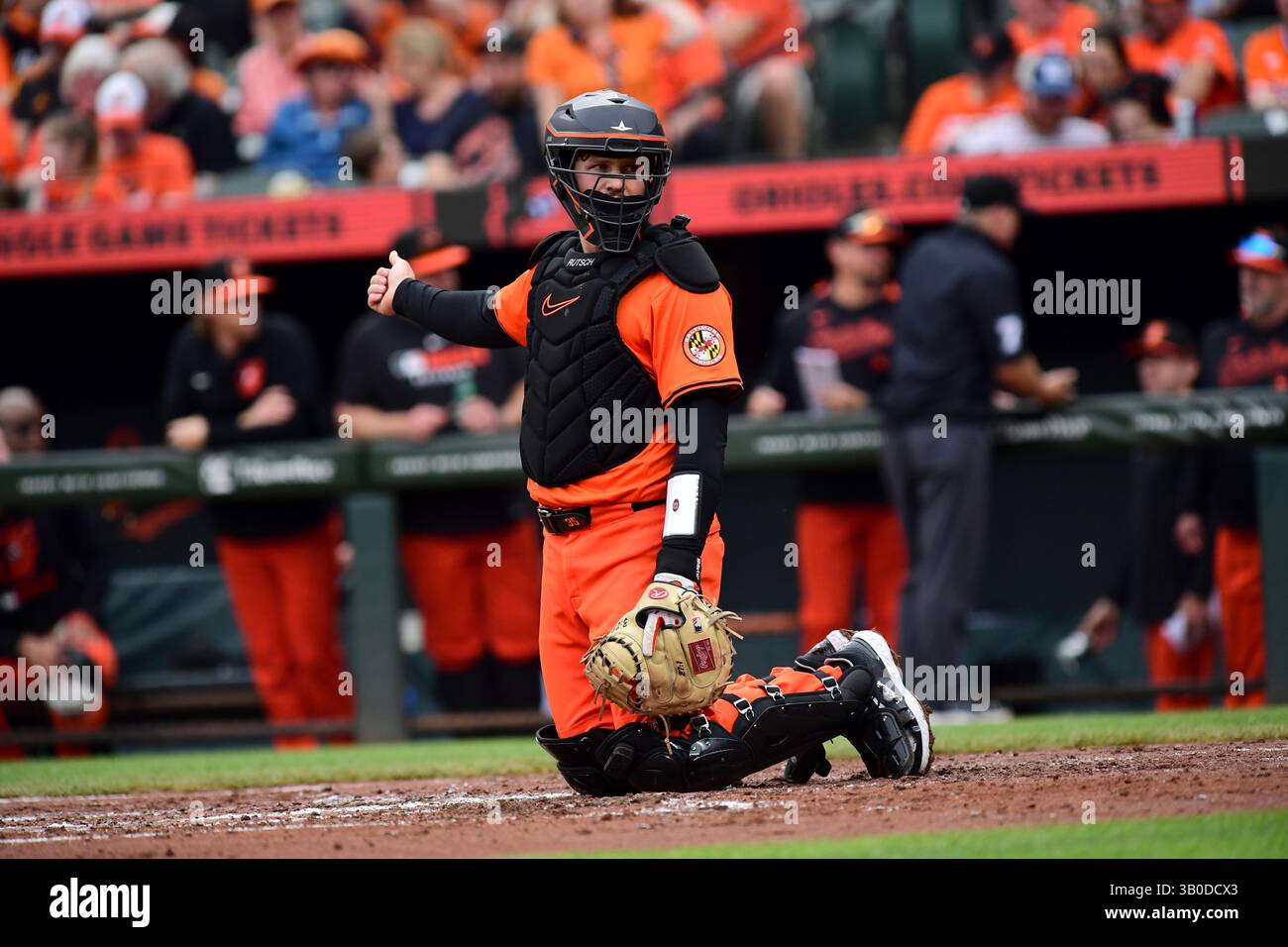 BALTIMORE, MD - APRIL 19: Orioles catcher Adley Rutschman (35) gestures ...