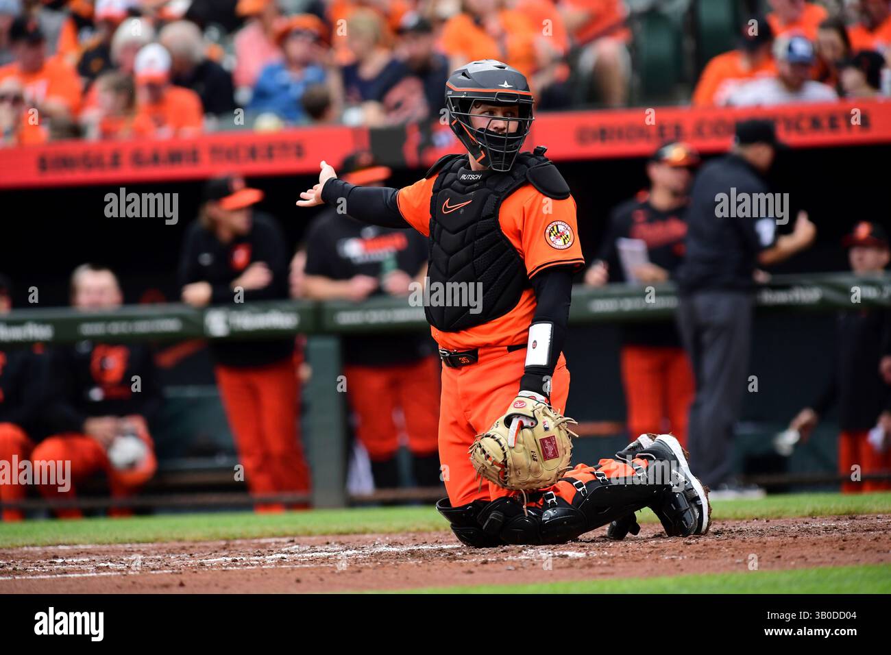 BALTIMORE, MD - APRIL 19: Orioles catcher Adley Rutschman (35) gestures ...