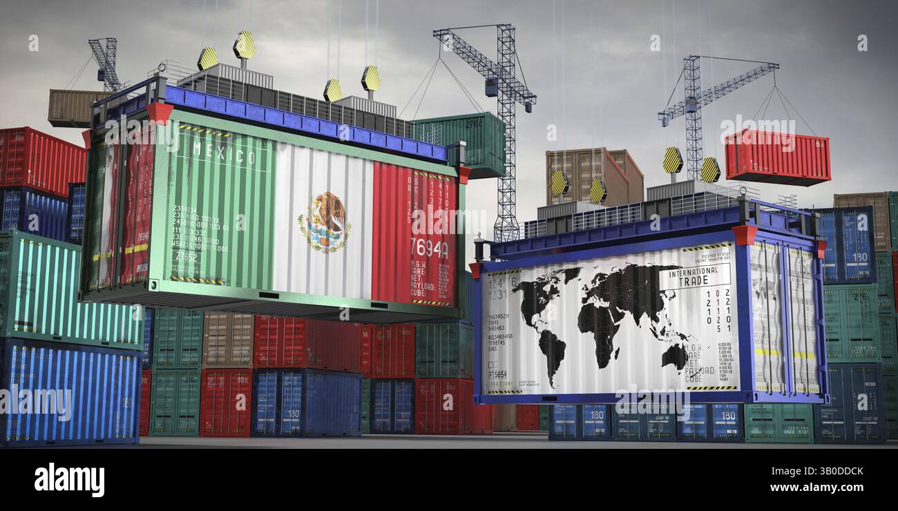 Flags of Mexico and world map on cargo containers - international trade ...