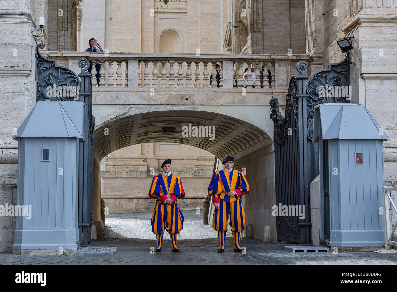Vatican City, Vatican. 23rd Apr, 2025. Swiss Guards stand on guard at a ...