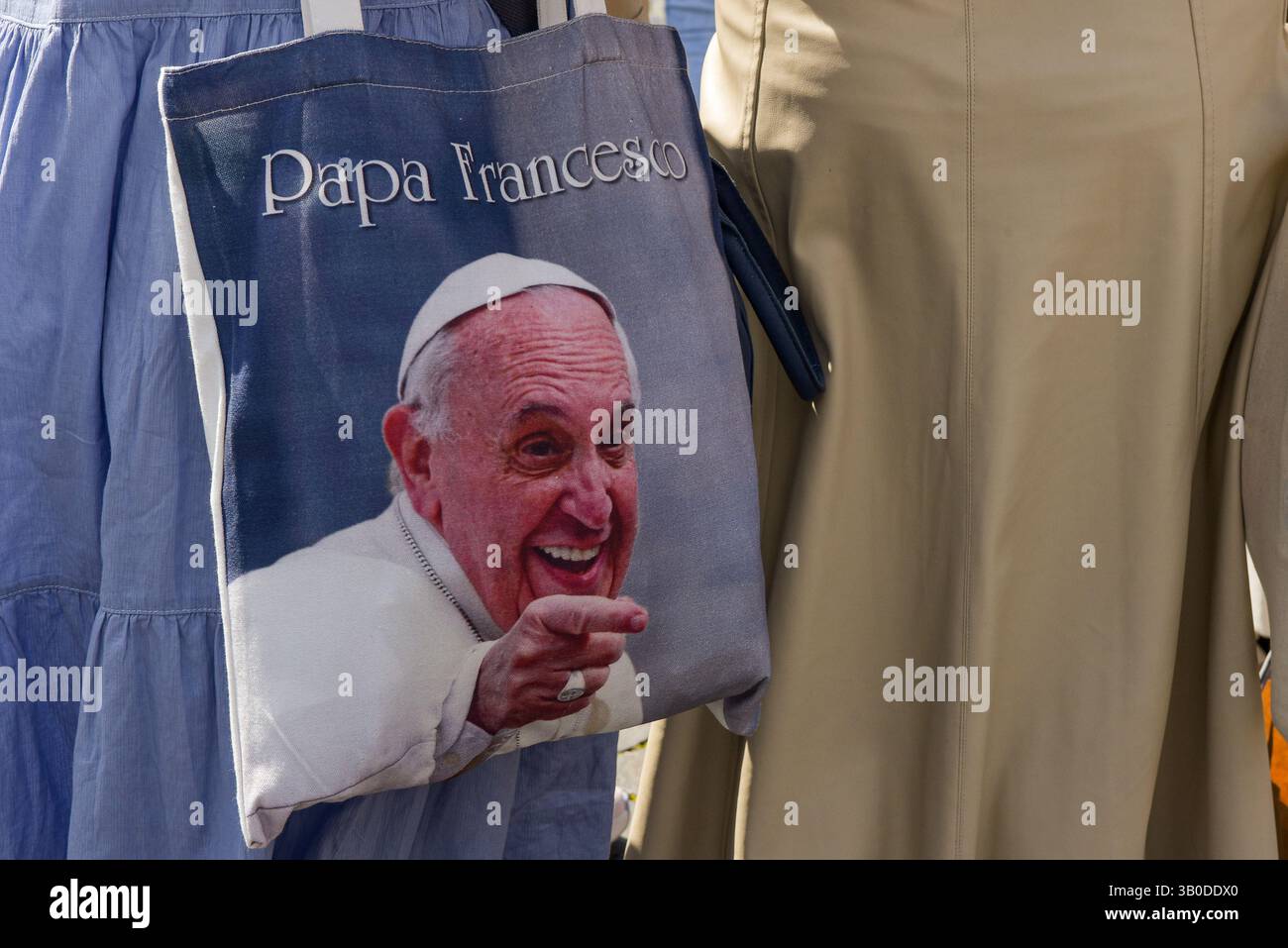 Vatican City, Vatican. 23rd Apr, 2025. A shopping bag featuring Pope ...