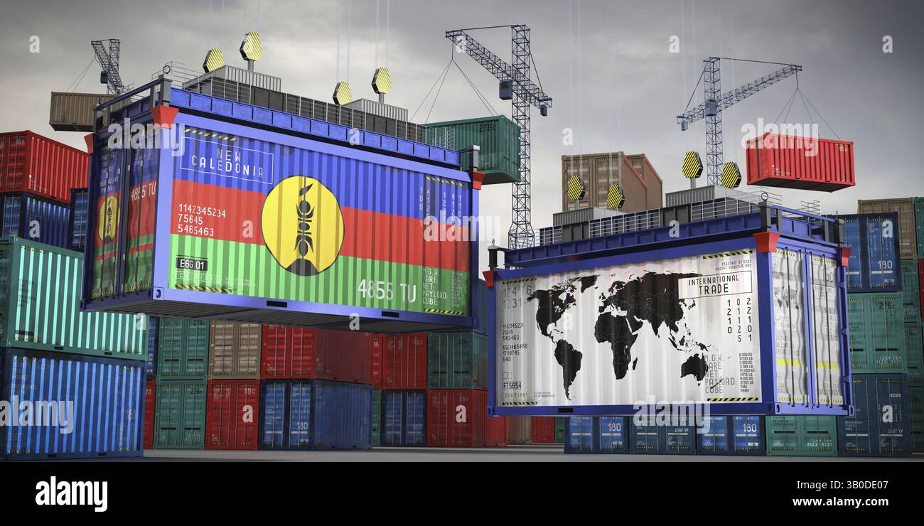 Flags of New Caledonia and world map on cargo containers ...
