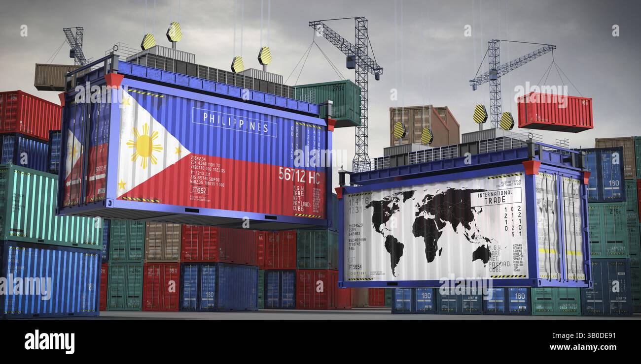 Flags of Philippines and world map on cargo containers - international ...