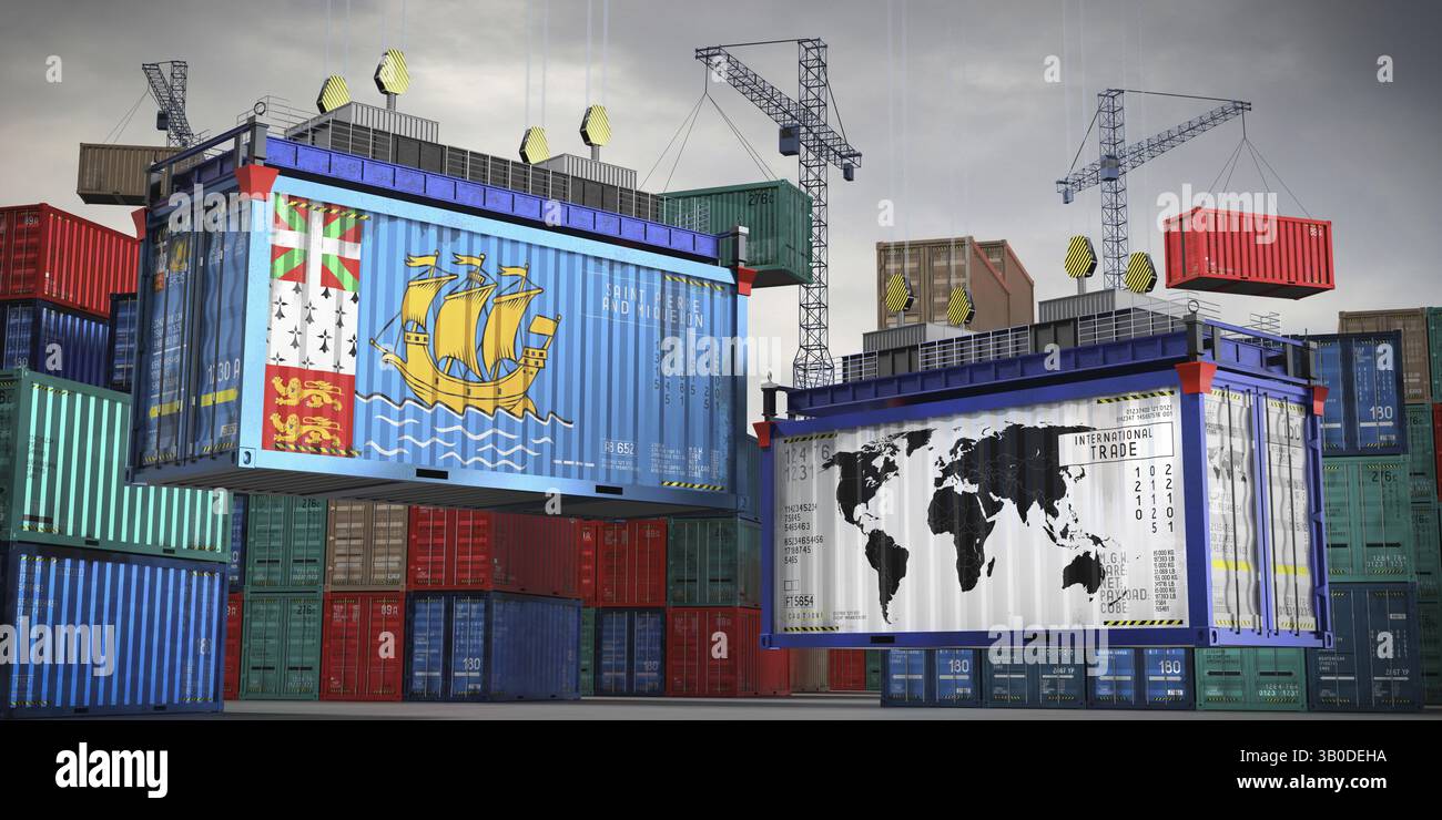 Flags of Saint Pierre and Miquelon and world map on cargo containers ...