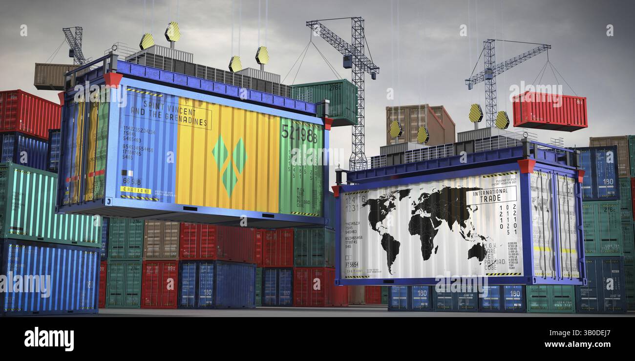 Flags of Saint Vincent and the Grenadines and world map on cargo ...