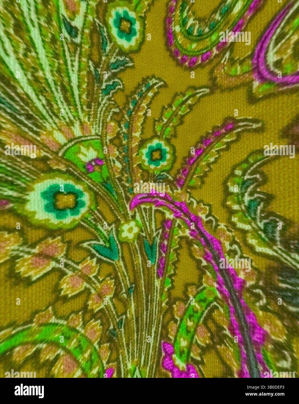 A vibrant fabric featuring intricate floral and paisley patterns ...