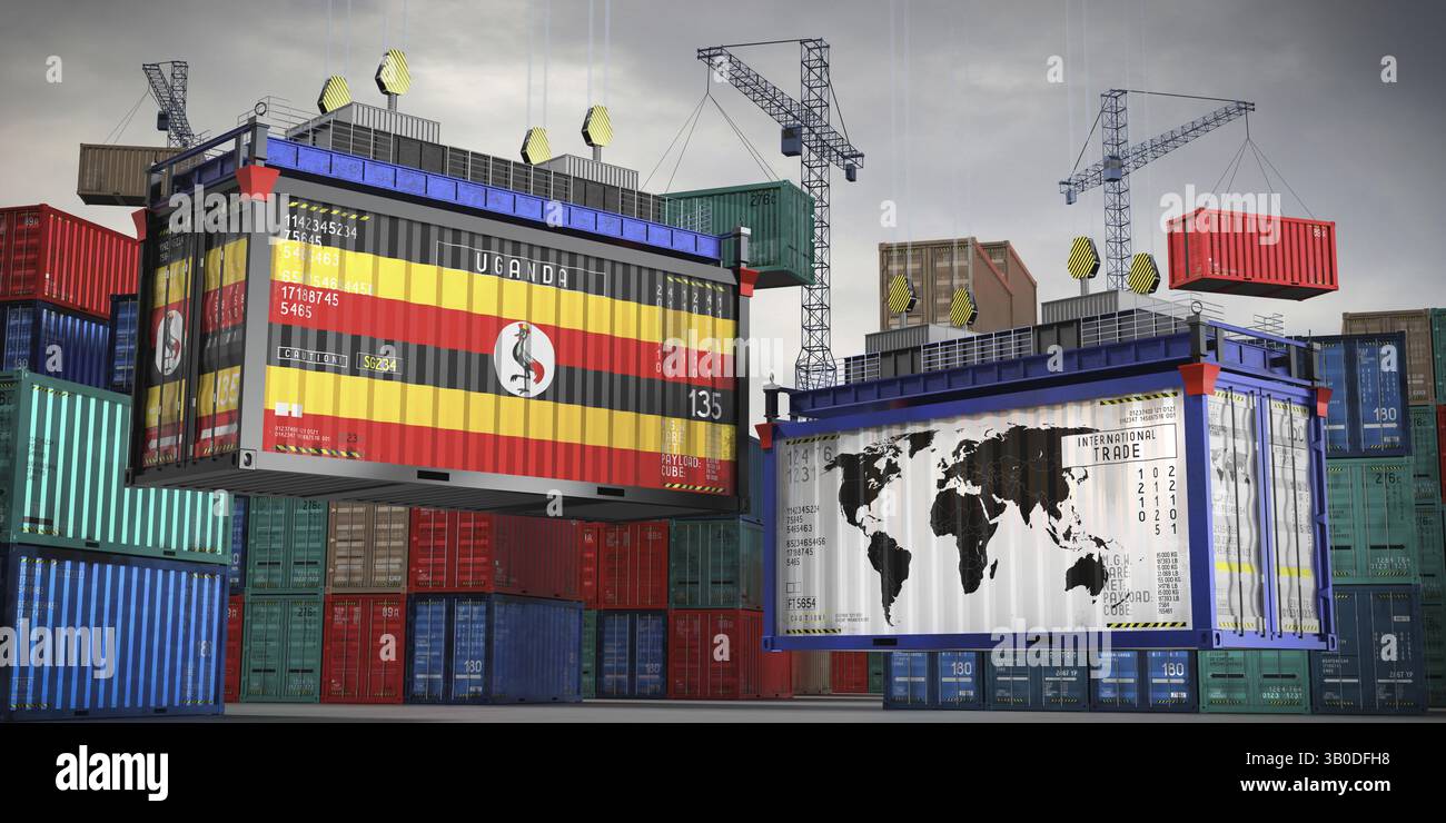 Flags of Uganda and world map on cargo containers - international trade ...