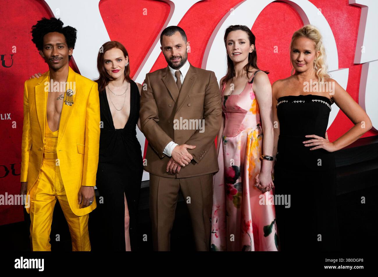 Griffin Matthews, from left, Madeline Brewer, Penn Badgley, Charlotte ...