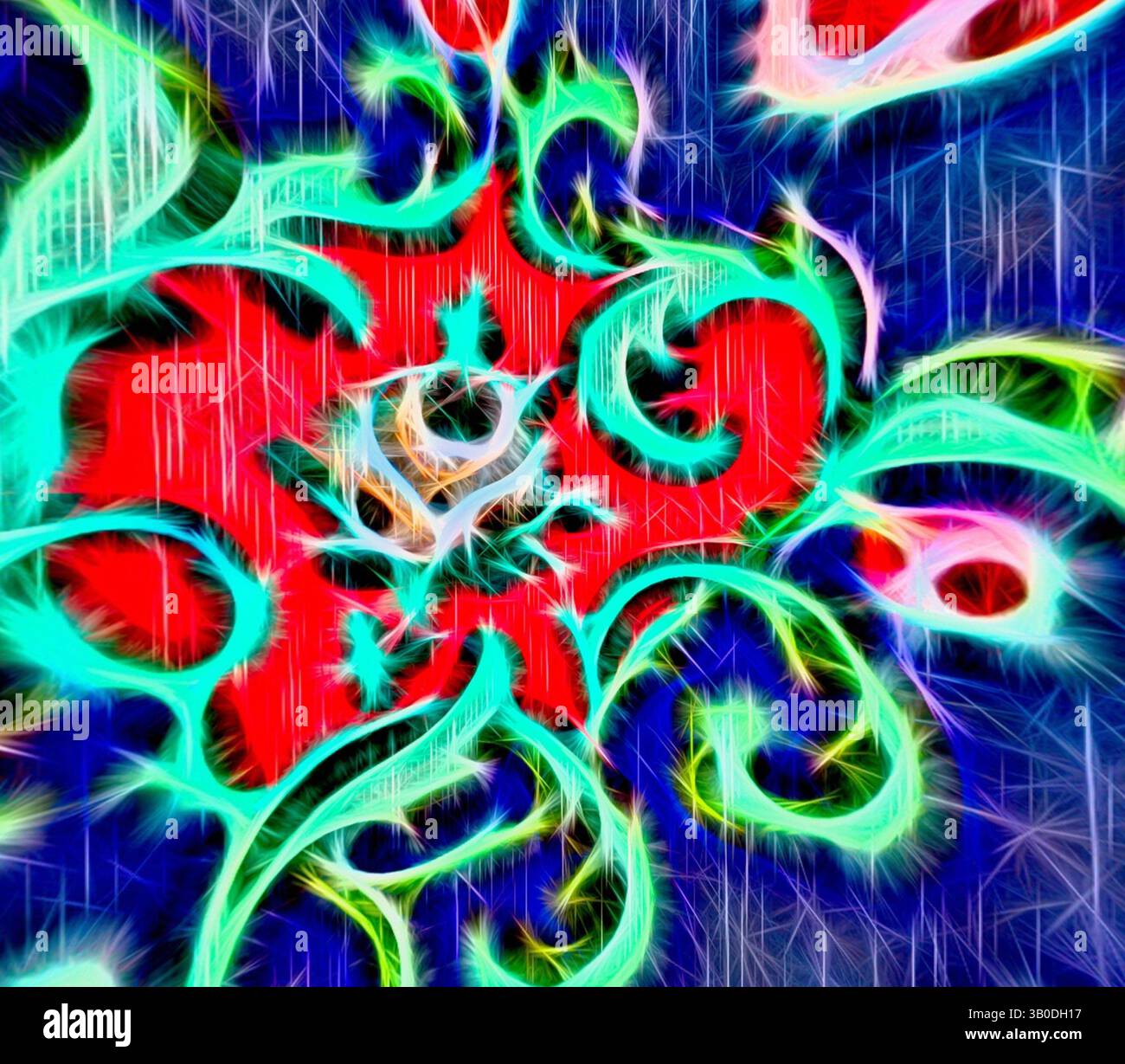 A vibrant swirl of intricate patterns intertwines, featuring bold reds ...