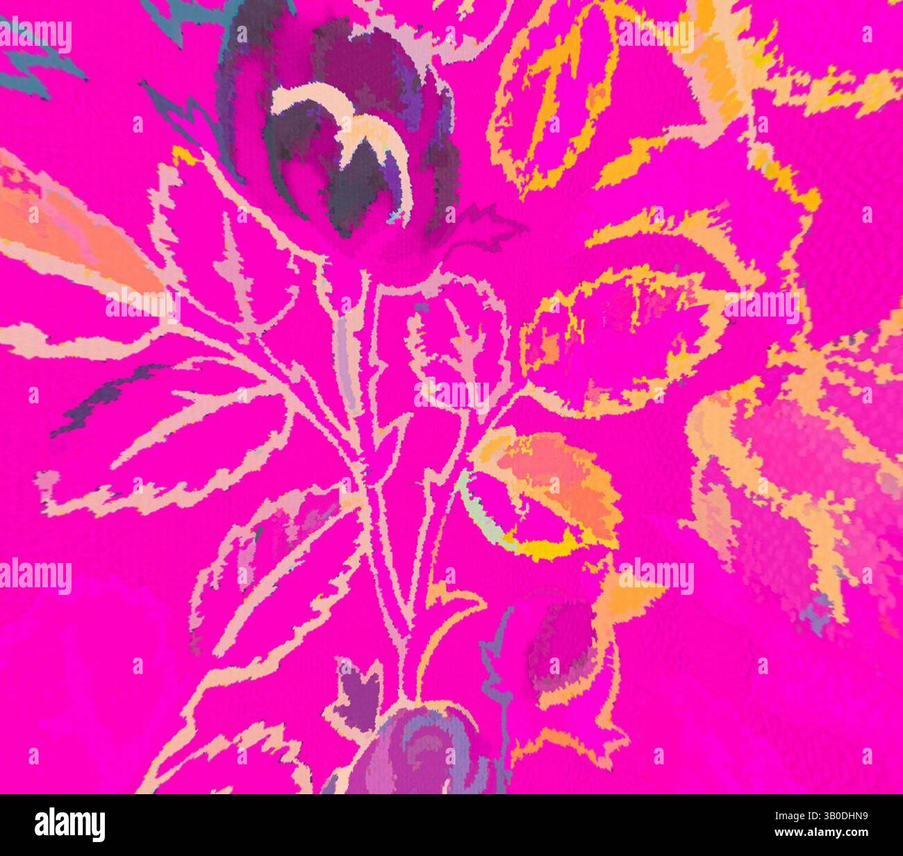 A vibrant floral pattern featuring bold roses and leaves, rendered in striking shades of pink ...