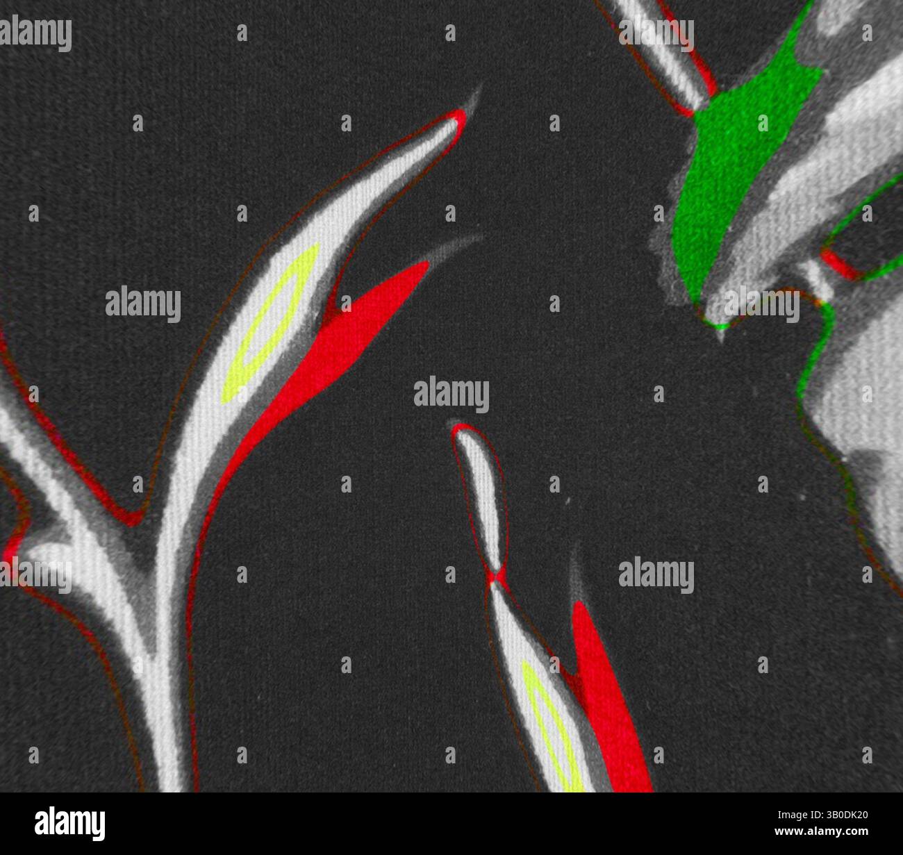 An abstract depiction featuring bold strokes of red, green, and white ...