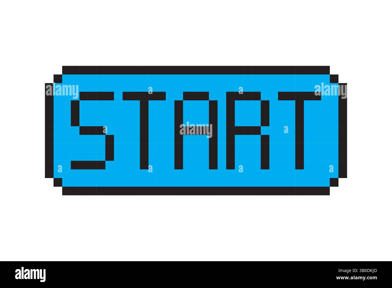Start button icon. Pixel art label. Blue retro rectangle. Vector gaming ...