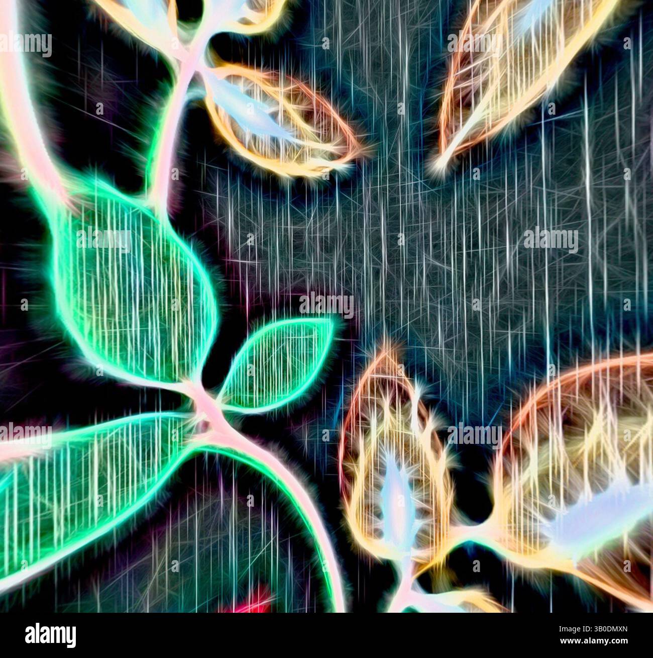 Abstract foliage with vibrant, glowing outlines contrasts against a ...