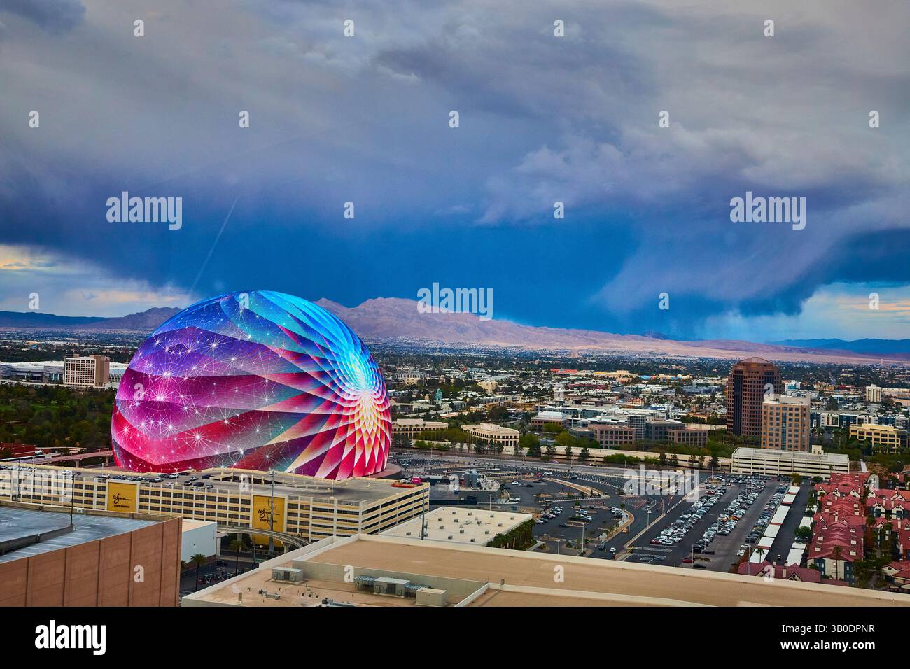 Aerial of Futuristic Sphere and Las Vegas Skyline Stock Photo - Alamy