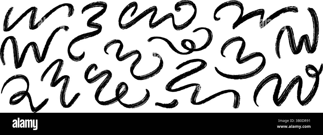 Black squiggle paint line set. Wiggly brush stroke collection. Charcoal ...