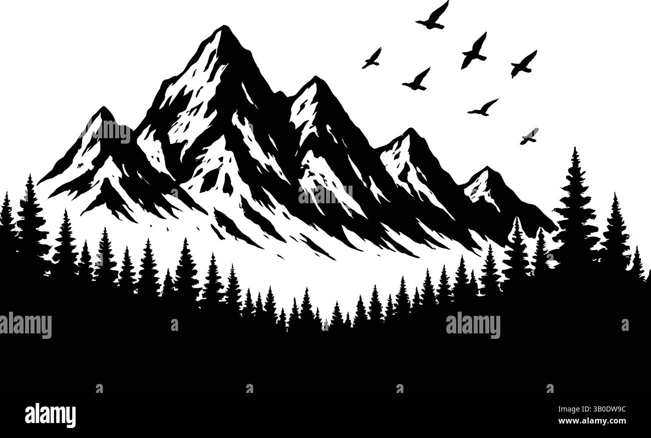 Mountain Landscape Silhouette with Pine Trees and Birds Vector Art ...