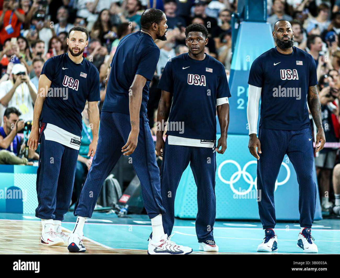 Team USA before the men's Olympic Games Pais 2024 semifinal match: LeBron James, Stephan Curry ...