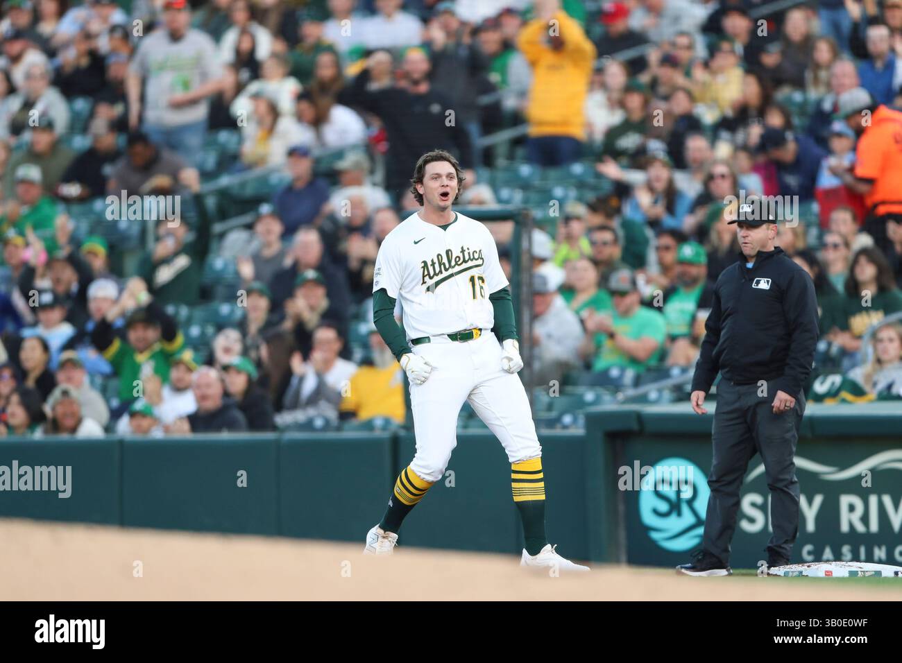 Athletics Nick Kurtz (16) celebrates his first career major league hit ...
