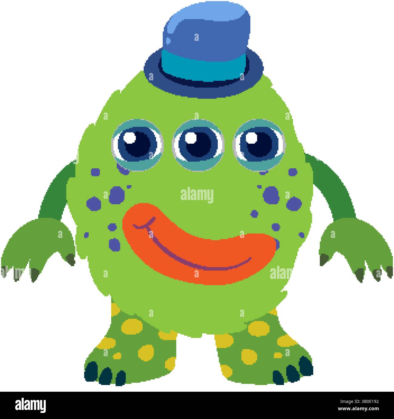 Playful green monster with three eyes and a blue hat. Bright colors and ...