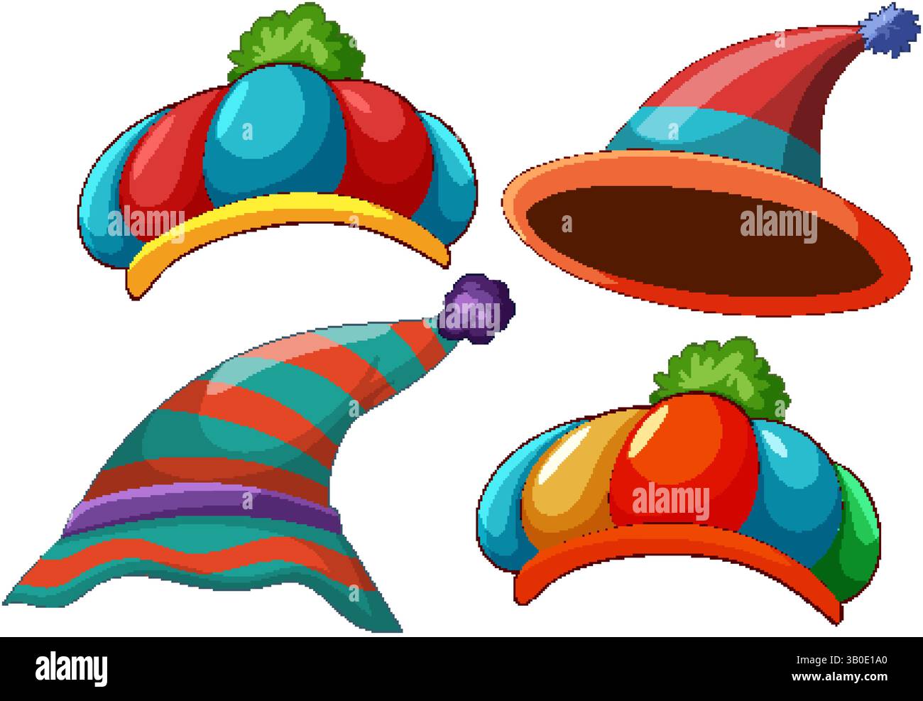 Vibrant vector illustration of four clown hats with playful colors and ...