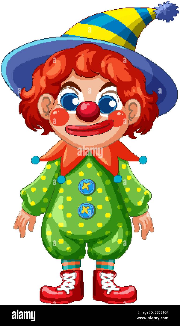 Brightly colored clown with red hair and polka dot outfit. Features ...