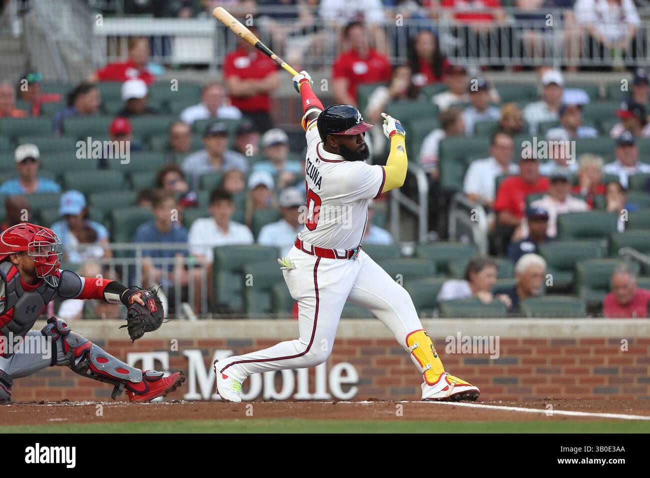 ATLANTA, GA - APRIL 21: Marcell Ozuna #20 of the Atlanta Braves bats ...