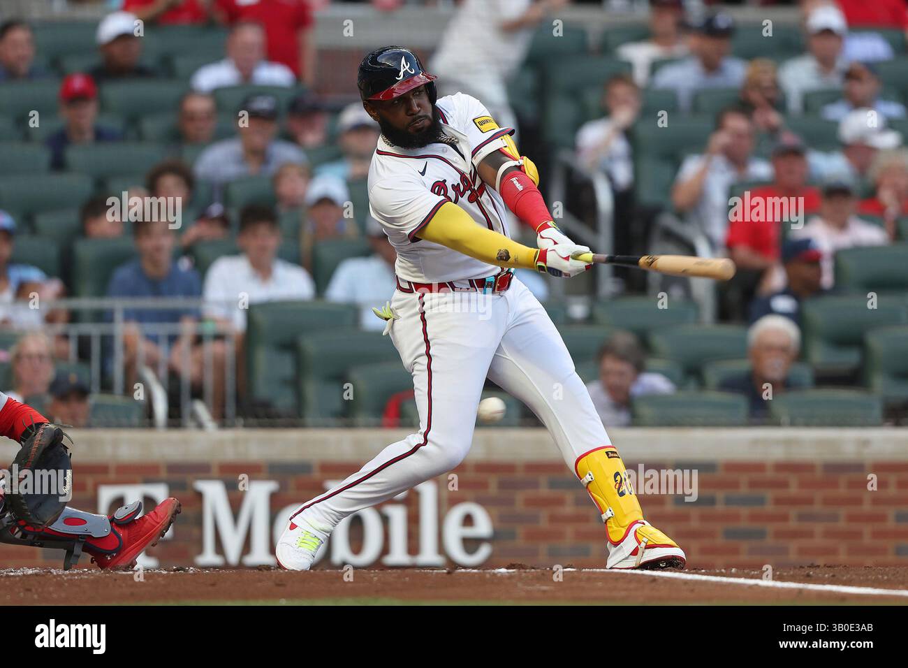 ATLANTA, GA - APRIL 21: Marcell Ozuna #20 of the Atlanta Braves swings ...