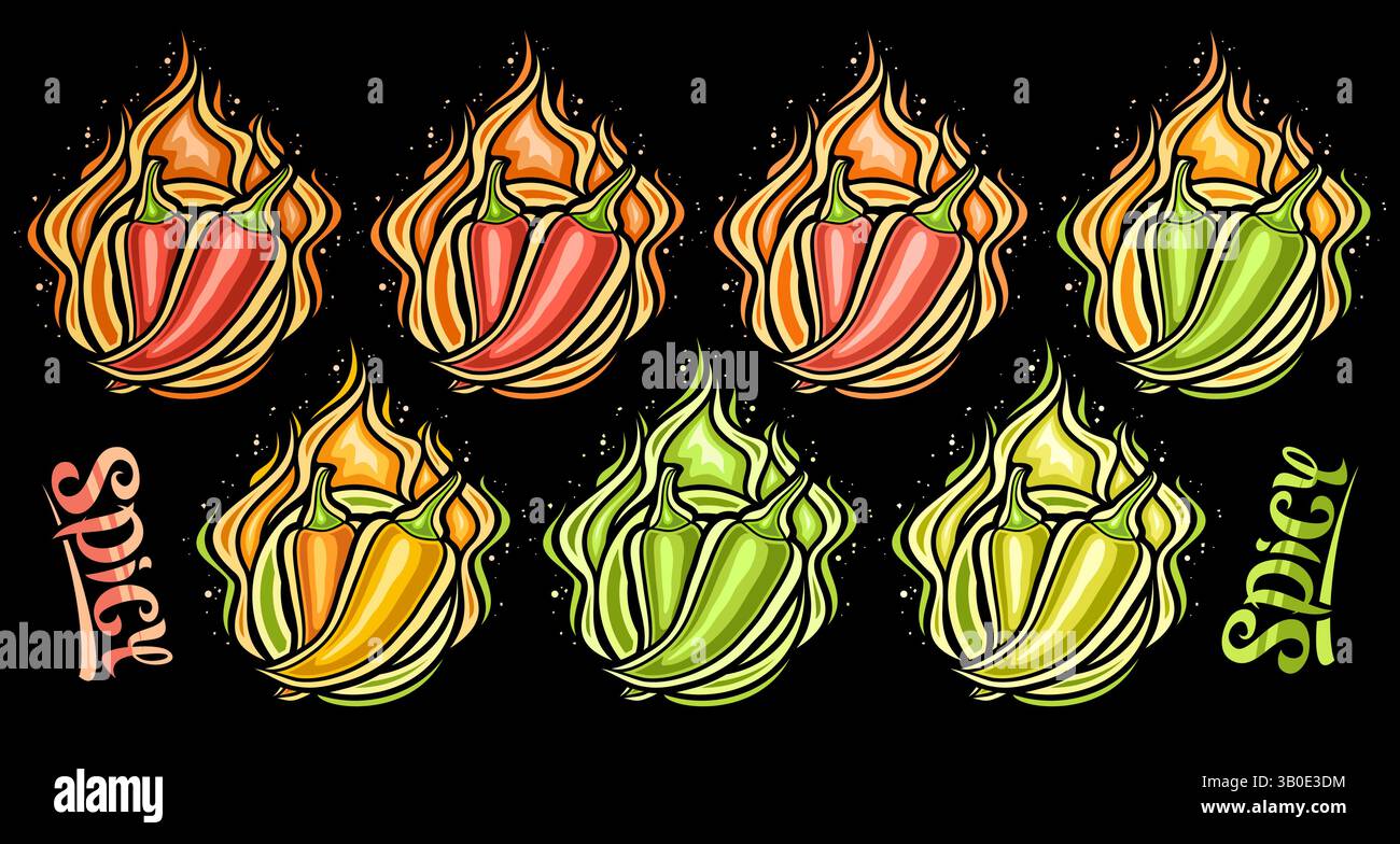 Vector Spicy Chili Pepper Set, group of 7 isolated outline ...