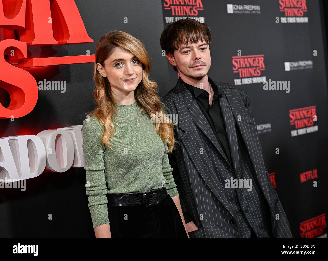 Natalia Dyer, left, and Charlie Heaton attend "Stranger Things: The First Shadow" Broadway ...